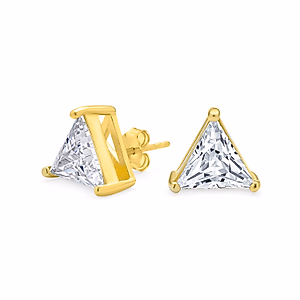 Triangle Shape Cubic Zirconia AAA CZ Trillion Cut Stud Earrings For Men Women Yellow Gold Plated .925 Sterling Silver 3 Prong Set 6 MM