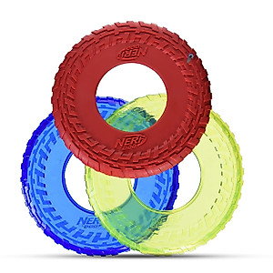 Nerf Dog Tire Flyer Dog Toy Gift Set, 10 Inch Flying Disc Dog Fetch Toys, Rubber Dog Toy for Medium Dogs and Large Dogs, Red, Translucent Green and Translucent Blue, 3 Count