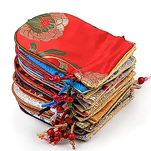 Cotton Filled Drawstring Small Bags for Jewelry Gift Pouch Packaging Chinese Silk Brocade Jewelry Pouch Thicken Luxury Jewellery Storage Bag (10, Mixed Color)