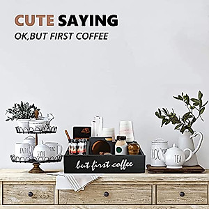 Coffee Bar Organizer, Wooden Coffee Station Accessories Storage Bin Box, Farmhouse Coffee Caddy Countertop Decor, Rustic Condiment Holder for Coffee Capsule Pod, sugar, Straw, Cups, Tea Bag Dispenser (Black)