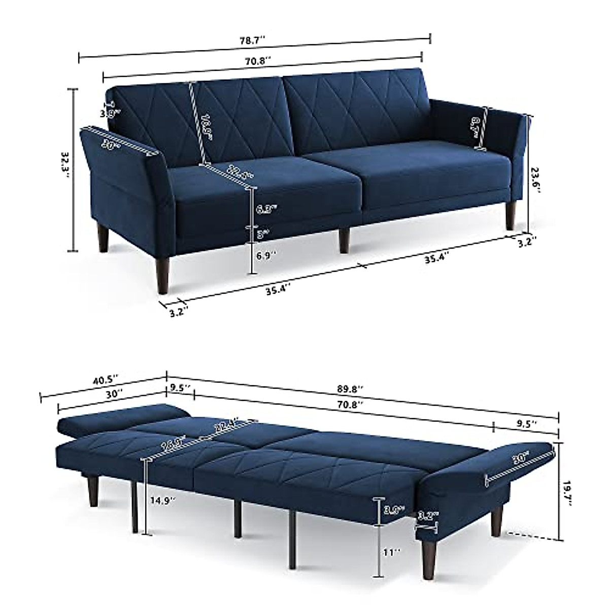 HONBAY Convertible Futon Bed Velvet Sleeper Sofa Tufted Couch Bed with Adjustable Armrests for Apartment, Blue