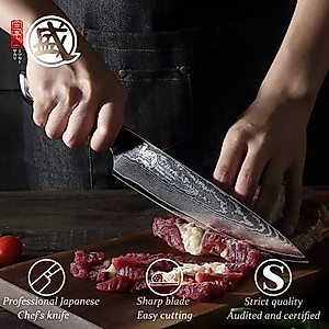 MITSUMOTO SAKARI 8 inch Japanese Gyuto Chef Knife, AUS-10 Premium Damascus Steel Kitchen Cooking Knife, Professional Hand Forged Meat Sushi Knife (PakkaWood Handle & Gift Box)
