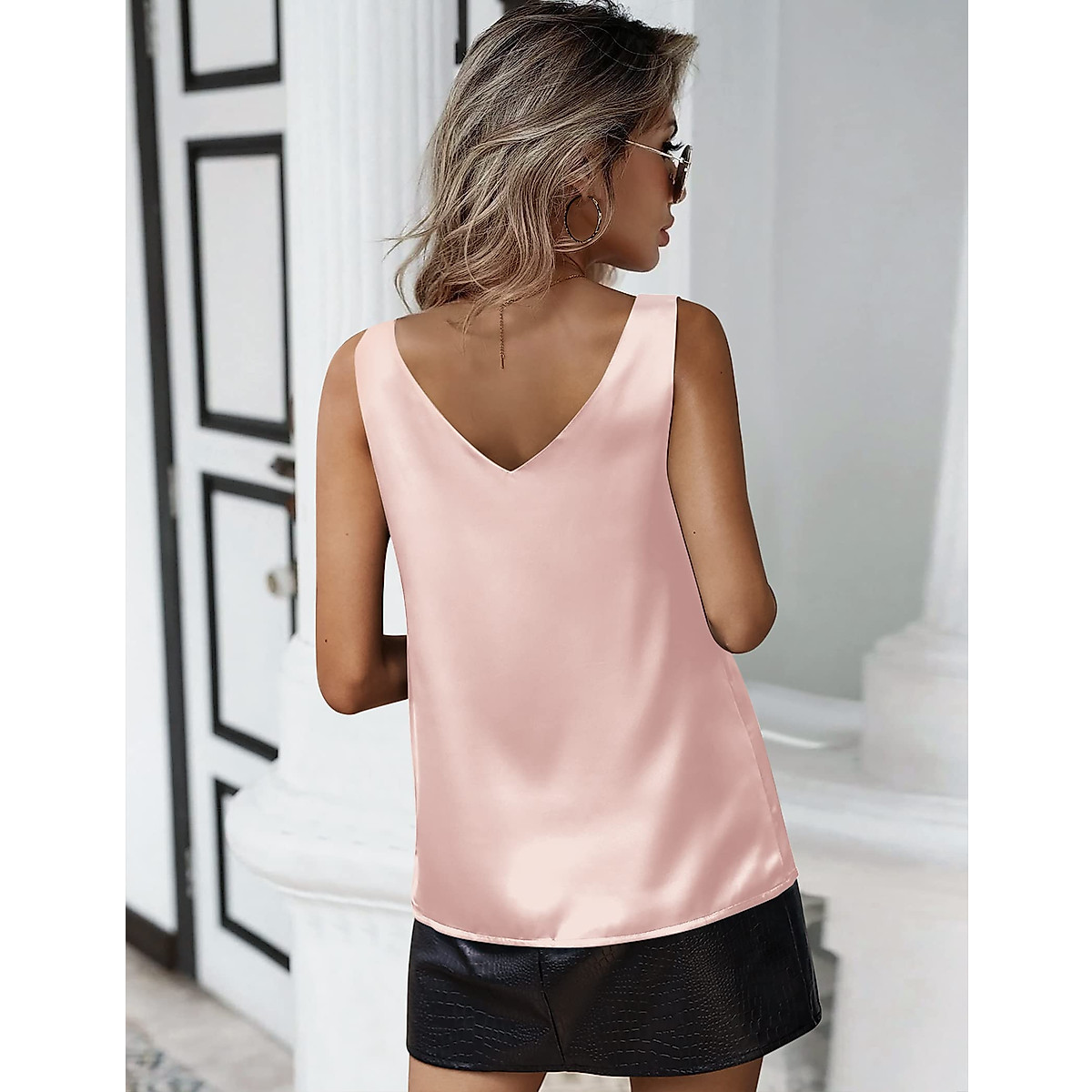 Zeagoo Women 2025 Silk Satin Tank Tops Dressy V Neck Camisole Blouse Casual Sleeveless Cami Summer Tanks Shirt Dark Pink