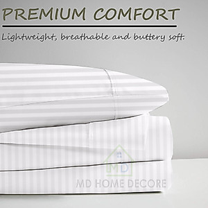 Extra Deep Pocket Sheets (4-Piece) 100% Egyptian Cotton 400 Thread Count Bed Sheet Set 22 inch Deep Pocket of Fitted Sheet with Elastic All Around (Queen, White Stripe)