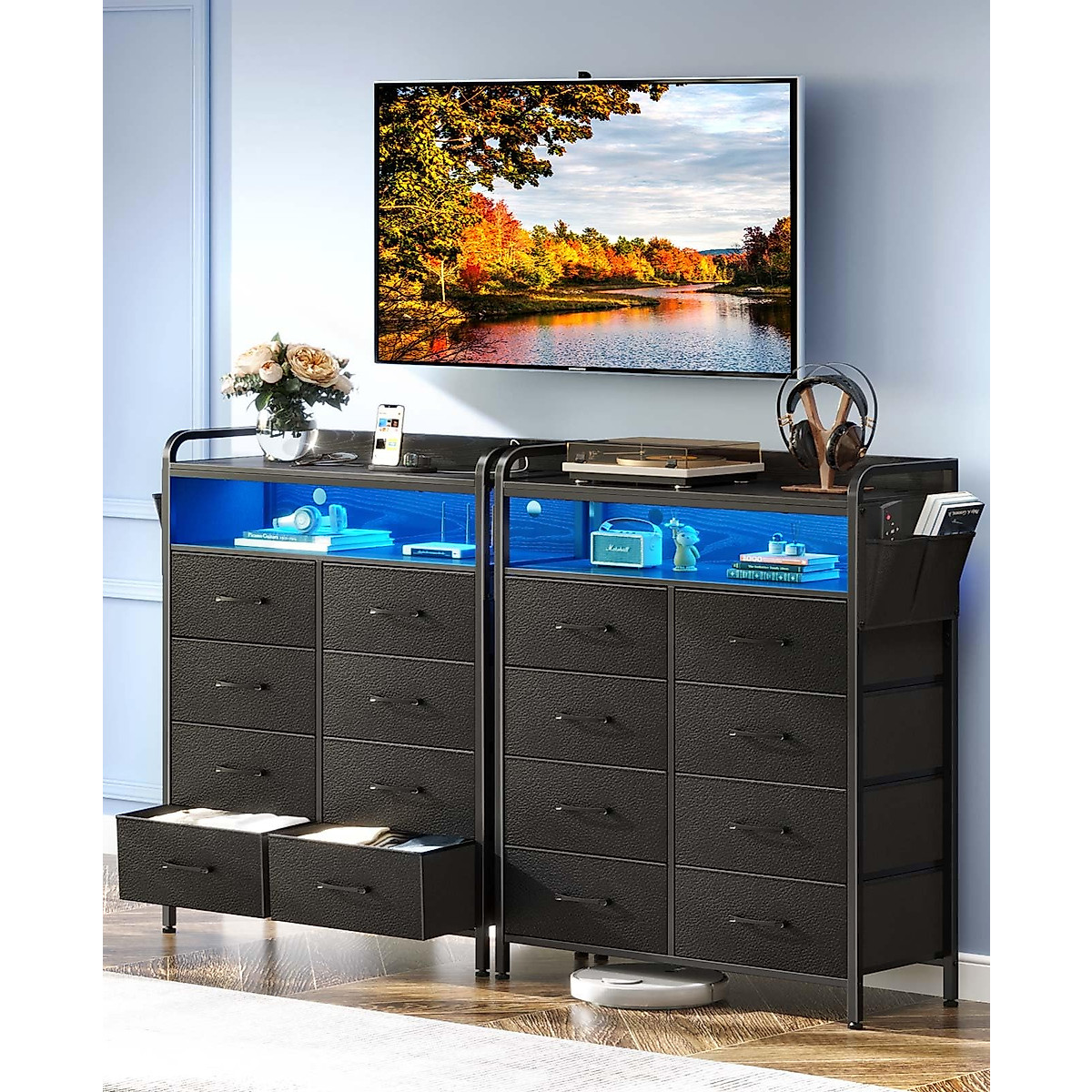 Rolanstar Dresser with Power Outlets and LED Lights, 8 Drawers Dresser with Side Pockets, Fabric Chest of Drawers with PU Finish, Tall Dresser with Sturdy Frame & Wood Top for Bedroom, Black