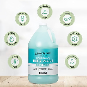 Ginger Lily Farms Club & Fitness Nourishing Body Wash, 100% Vegan & Cruelty-Free, Bath & Shower Gel for Men and Women, Ocean Breeze Scent, 1 Gallon (128 fl. oz.) Refill