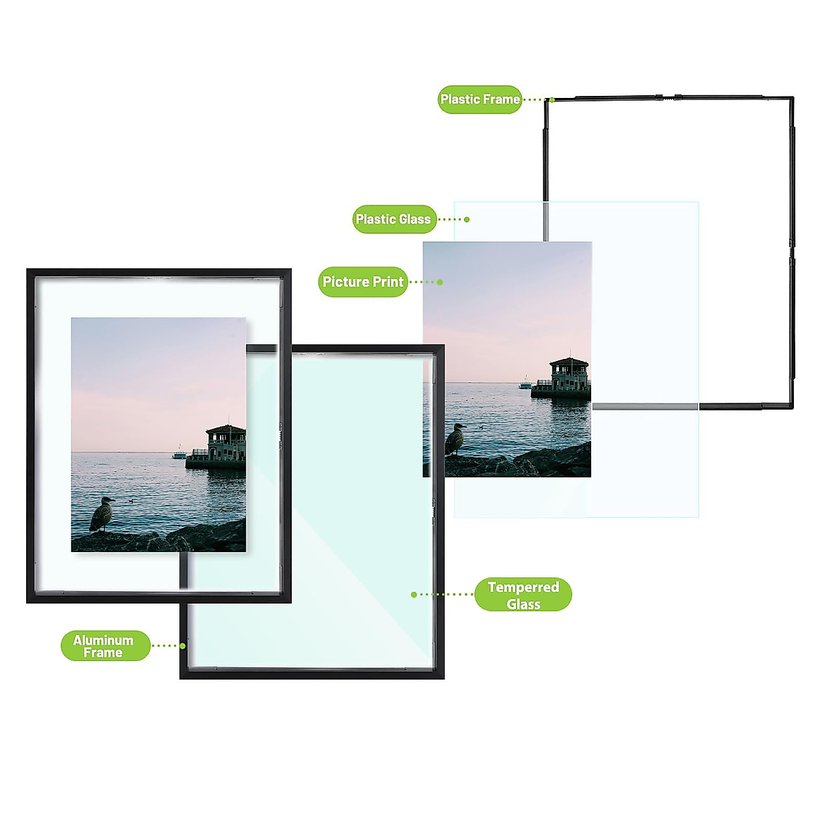 Golden State Art, 11x14 Floating Frame, Black Aluminum Picture Frame, Clear Glass Displays Any Size Photo up to 11 by 14, for Wall or Table Top Decoration