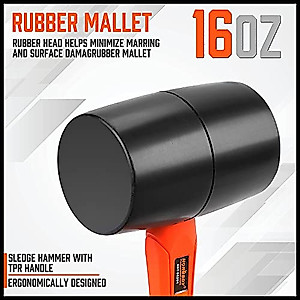 HORUSDY 16 oz Rubber Mallet Hammer, Fiberglass Rubber Mallet Handle (16oz Rubber Mallet)