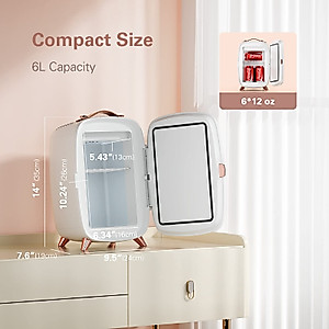 DEPAD Professional Skincare Fridge with Dimmable LED Mirror, 6 Liter Beauty Fridge with AC and USB Cords, White Mini Fridge for Skin Care and Cosmetics, Compact Makeup Fridge