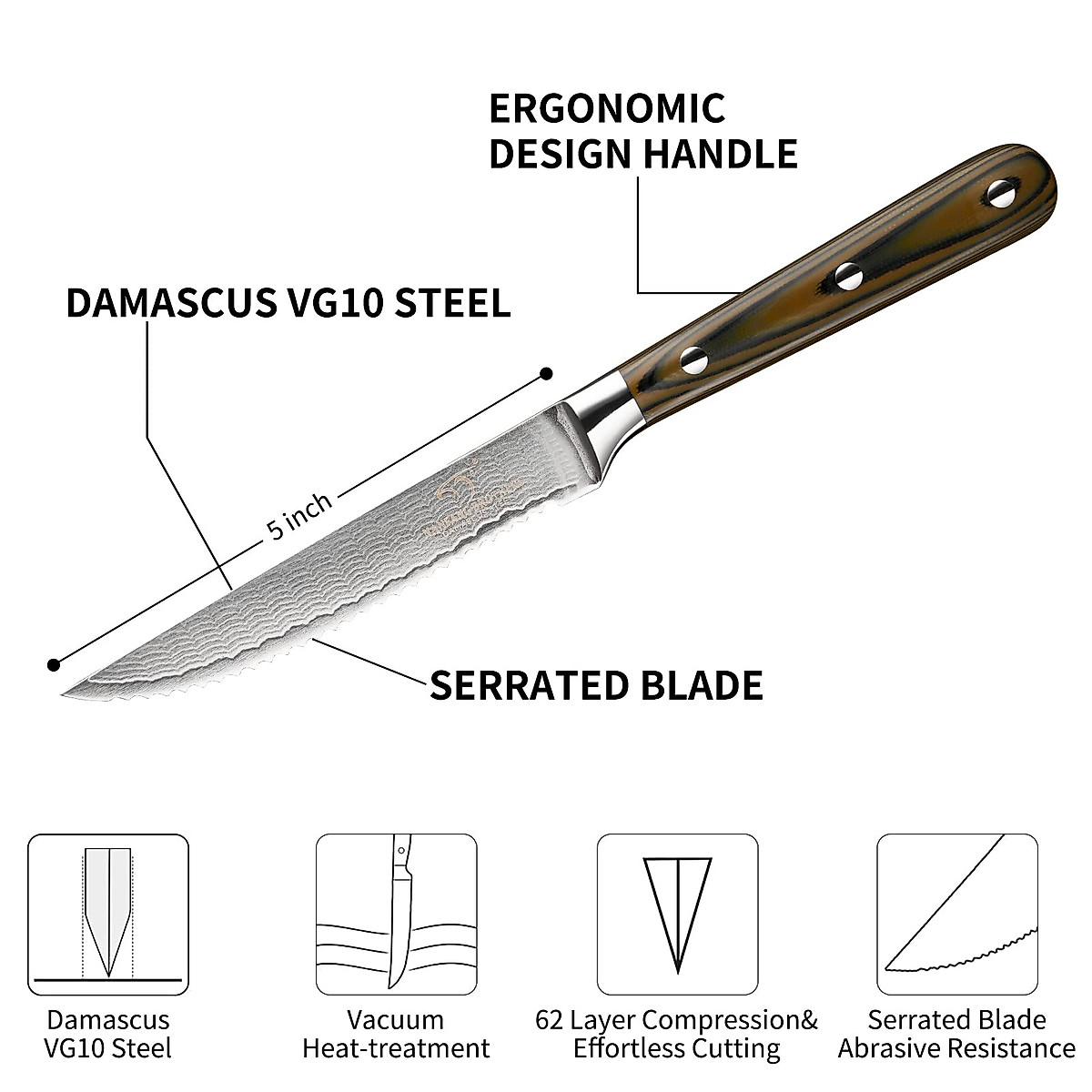 Damascus Serrated Steak Knife Set of 6 with Case, 5 Inch Serrated Steak Knife, 67 Layers Steel Blades Hand-sharpened to 15°, Non-slip G10 Ergonomic Triple Rivet Handle for Gift, Natural Wooden Box