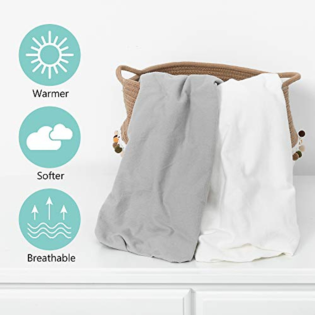 TILLYOU Flannel Cotton Fitted Crib Sheets for Baby Boys Girls, Thermal Warm and Plush Toddler Bed Sheets for All Seasons, Deep Pocket Fits Up to 8” Mattress 28x52, Set of 2, Gray & White