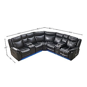 Verfur Faxu Leather Reclining Sectional Consoles and 4 Cupholders,Maunal Motion LED Stripes,Symmetrical Corner Sofa & Couches Curve Home Theater Furniture, Black