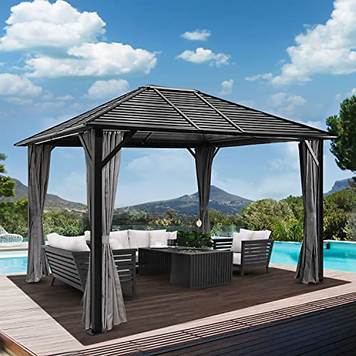 GARTOO 10' x 12' Patio Hardtop Gazebo - Outdoor Metal Hard Top with Fully Enclosed Zip Curtain & Breathable Mesh, Galvanized Steel Top Gazebo for Garden, Lawn, Outdoor Party (Black)
