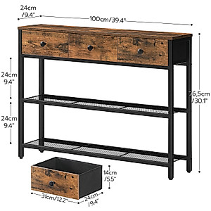 HOOBRO 39.4" Narrow Console Table with 3 Fabric Drawers, Small Entryway Table with 3-Tier Storage Shelves, Thin Sofa Table, Side Table, for Living Room, Hallway, Rustic Brown and Black BF82XG01