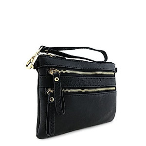 FashionPuzzle Multi Zipper Pocket Small Wristlet Crossbody Bag (Black)