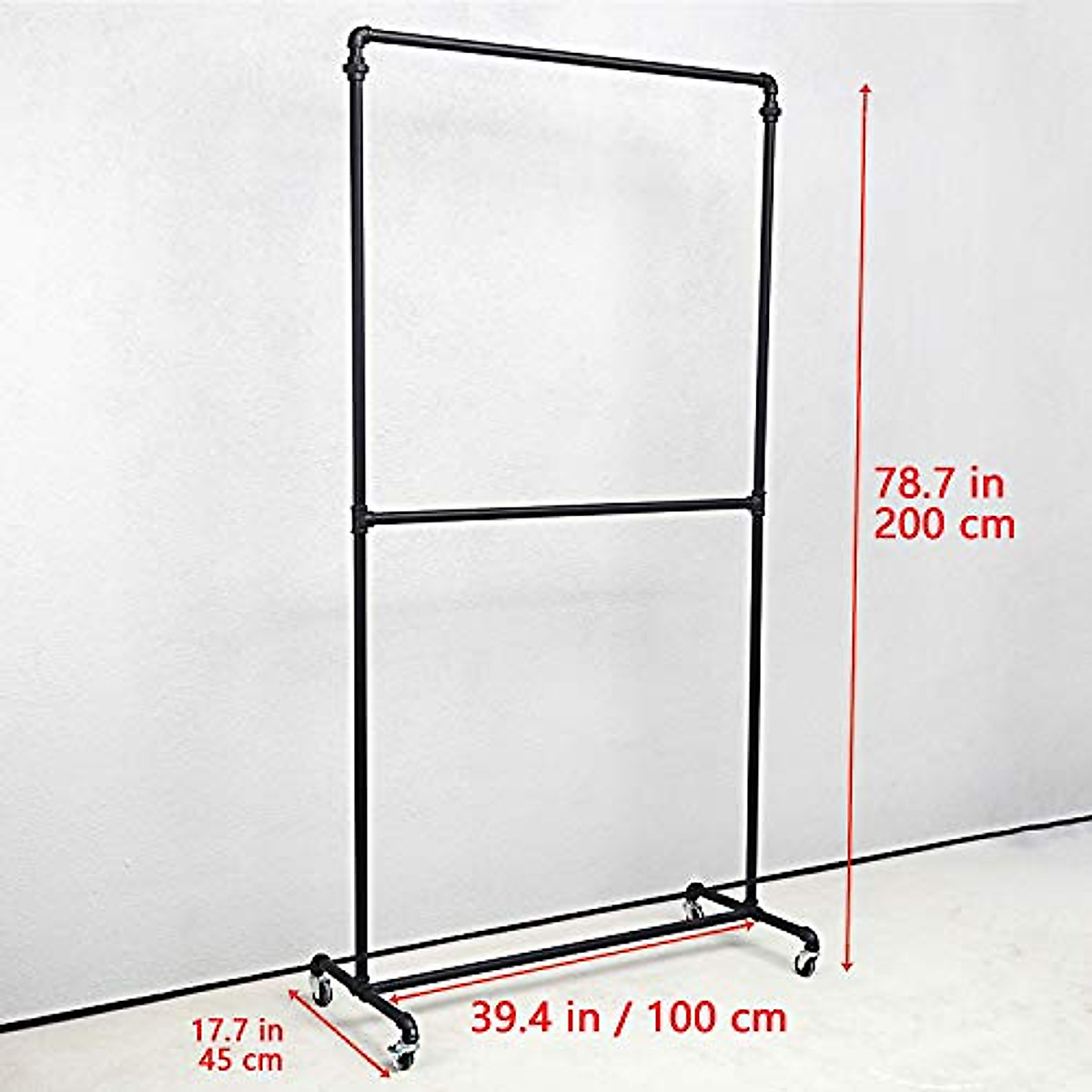 Industrial Pipe Clothing Racks on Wheels Double Hanging Rod Metal Clothing Rack,Heavy Duty Commercial Display Garment Rack,Vintage Retail Rack Hanging Weight Rack, Metal Ballet Rolling Racks,Black