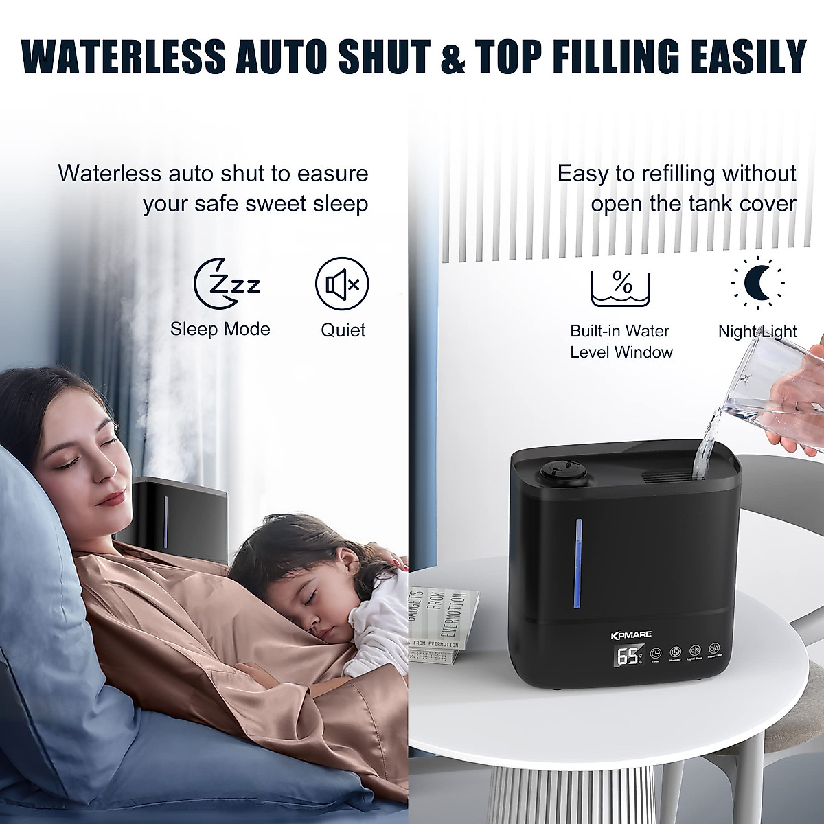 Humidifiers for Bedroom, 4L Cool Mist Humidifiers with Essential Oil Diffusers & Nightlight, Ultrasonic Top Fill Air Humidifier Auto Shut for Baby Room, Home, Plants, Women Mom Gifts Idea (Black)