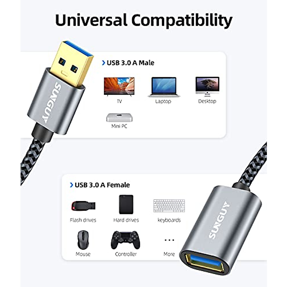 SUNGUY 5Gbps USB 3.0 Extension Cable, 1FT USB Extender, USB A Male to Female Cord, Braided High Data Transfer Compatible with Xbox, Hard Drive, Webcam, USB Keyboard, Mouse, Flash Drive, Oculus VR