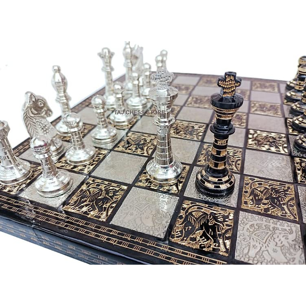 12" Solid Brass Metal Chess Set Pieces & Board with Velvet Storage Box | Brass Metal Luxury Chess Set | Antique Chess Set for Gifts