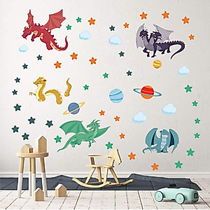decalmile Cute Dragon Wall Decals Planets Stars Wall Stickers Playroom Boys Bedroom Kids Room Wall Decor