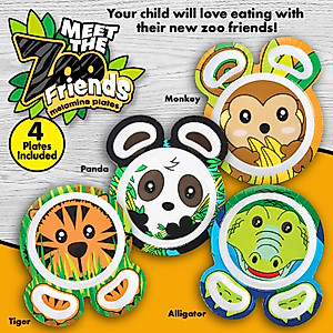Bentology Zoo Friends Mealtime Melamine Feeding Plates - Set of 4 Different Cute Animal Pal Dishes for Kids - Panda, Alligator, Tiger & Monkey - Divided Compartments, BPA Free