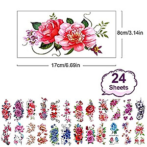 PHOGARY 24 pieces Women Temporary Tattoos (Large Flowers), Bright Colored Fake Tattoo Stickers (Water Transfer), Waterproof Body Art Sticker for Girls Arms Legs Shoulder Back