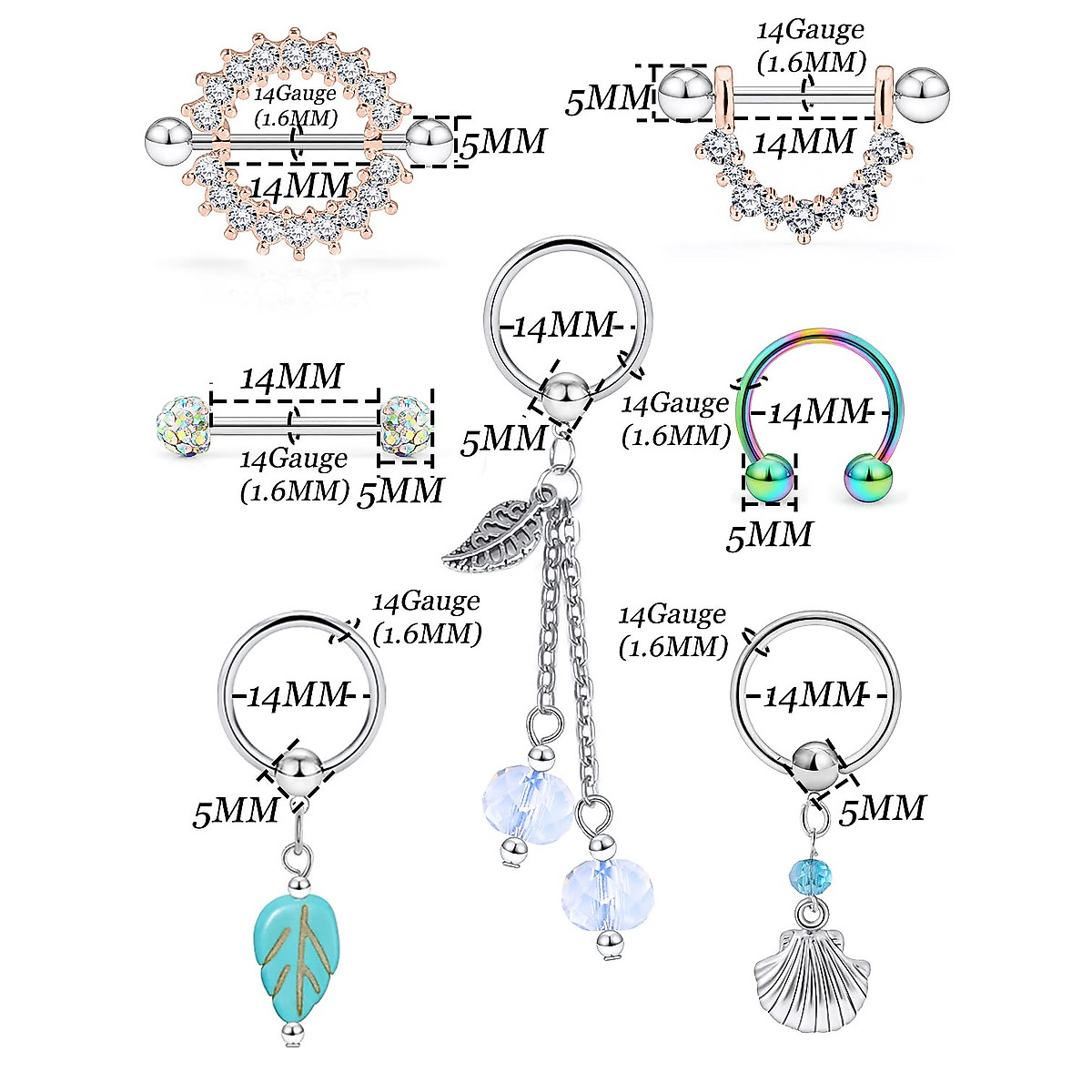 Vsnnsns 14G Nipple Rings Nipplering for Women 14mm Stainless Steel Chain Dangle Captive Nipple Rings Straight Tongue Ring Piercing Barbell Hoop Nipple Rings CZ Heart Shape Piercing Jewelry 12 Pairs