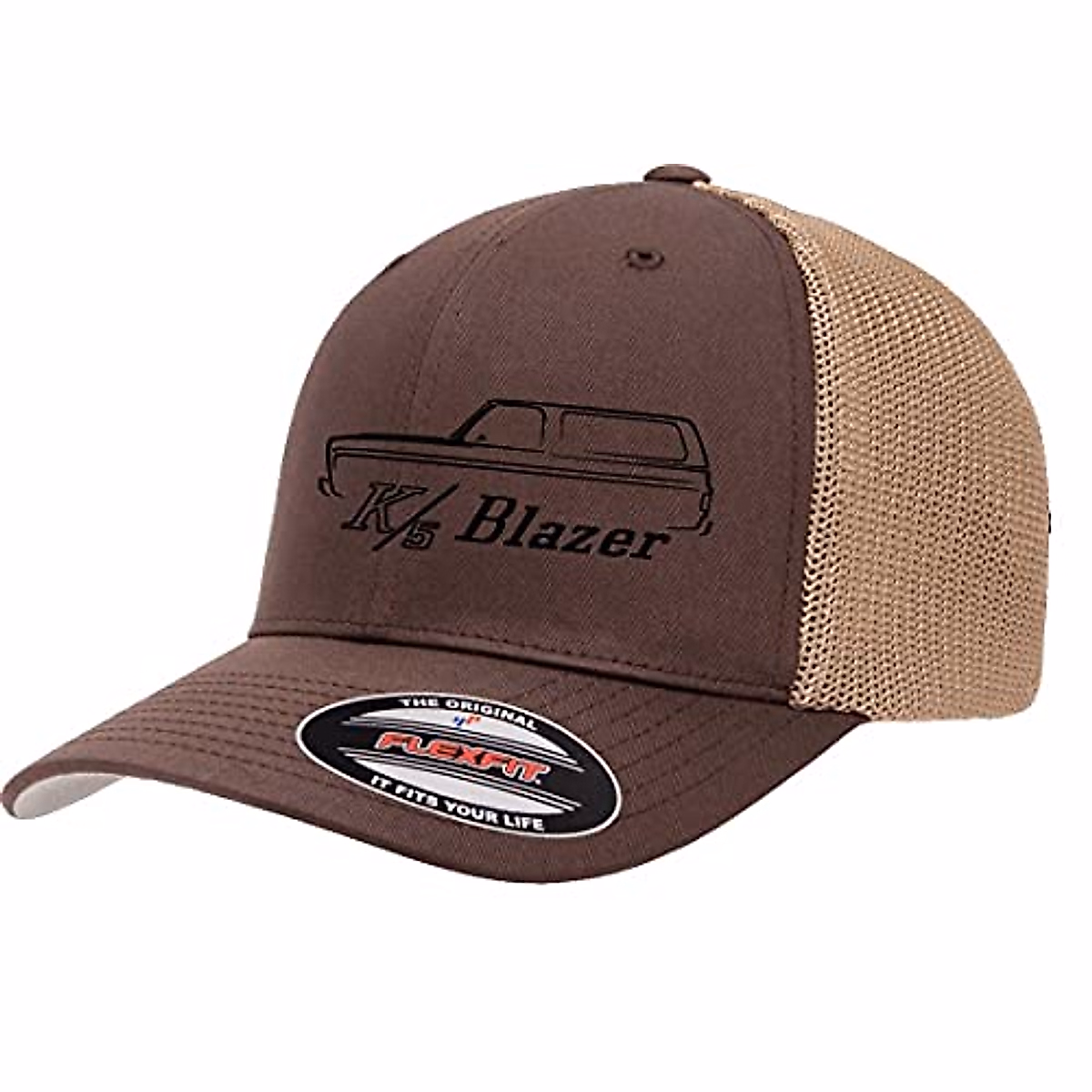 1973-1991 Blazer K5 Truck Classic Outline Design Flexfit 6511 Trucker Mesh Fitted Cap Brown/Khaki