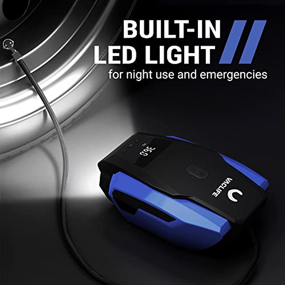 VacLife Tire Inflator Portable Air Compressor - Air Pump for Car Tires (up to 50 PSI), 12V DC Tire Pump for Bikes (up to 150 PSI) w/LED Light, Digital Pressure Gauge, Model: ATJ-1166, Blue (VL701)
