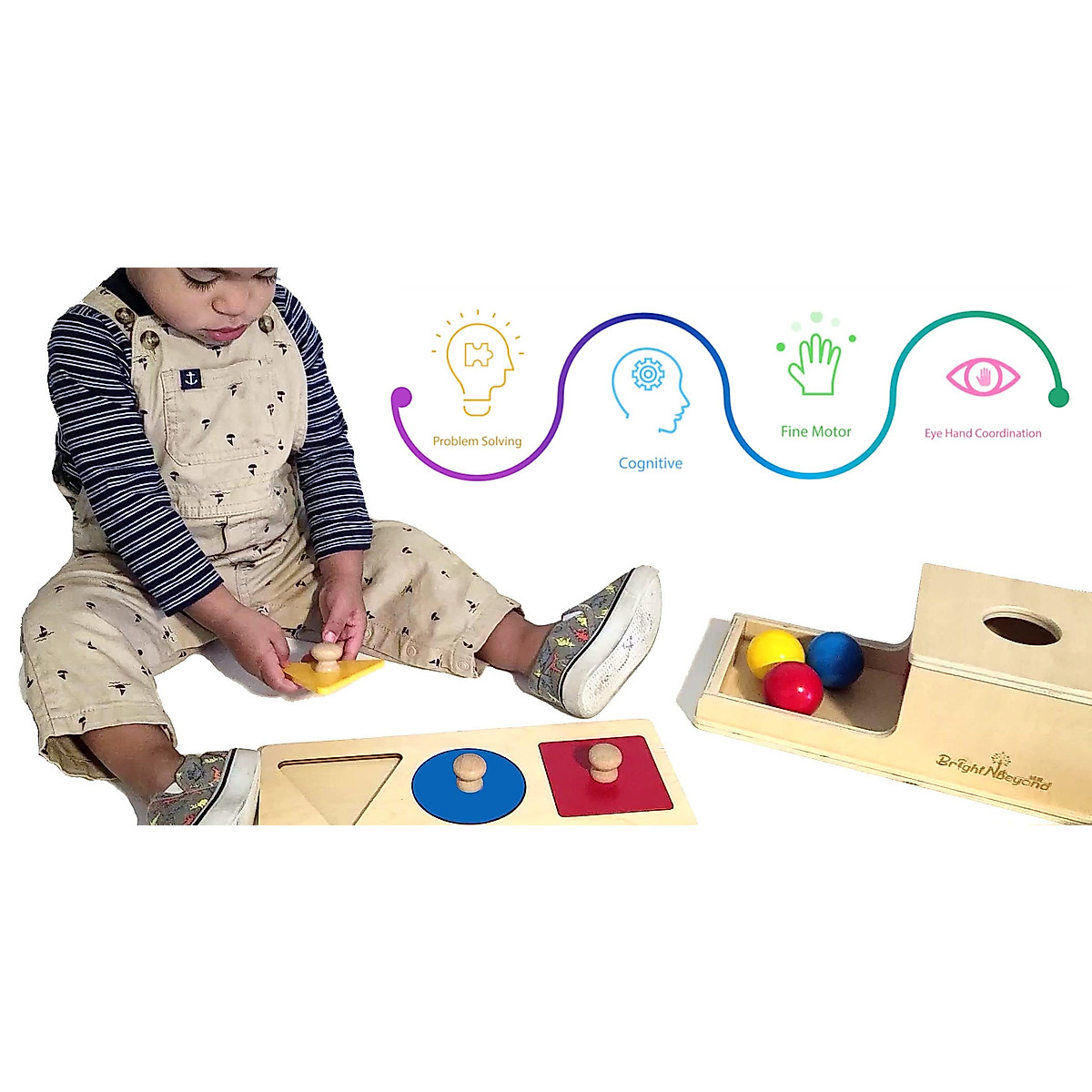BrightNBeyond 2-for-1 Montessori Bundle with Object Permanence Box and Multiple Shape Puzzle Sorter Wooden First Shapes for 6-12 Months Infant 1 2 Year Old Motor Developmental Baby Sensory Skills Toys