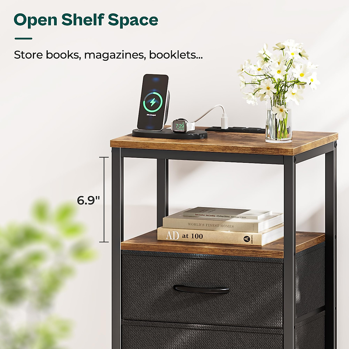 Huuger Nightstands Set of 2, End Tables with Charging Station, Side Tables with Fabric Drawers, Bedside Tables with USB Ports and Outlets, Night Stands for Bedroom, Rustic Brown and Black