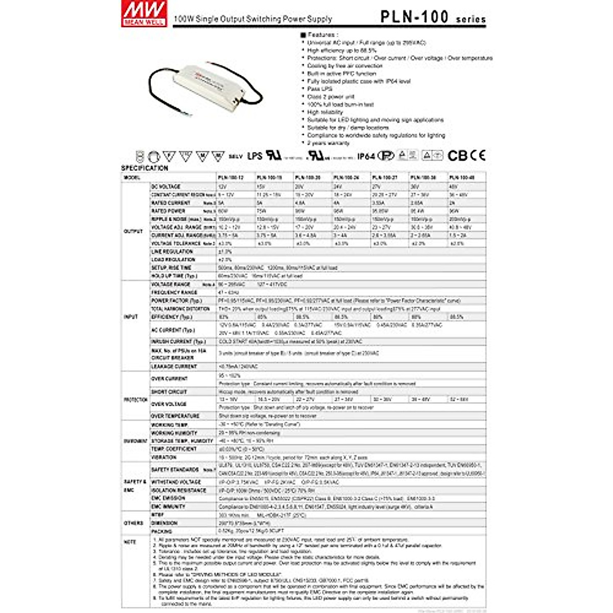 MW Mean Well PLN-100-24 24V 4A 96W Single Output LED Switching Power Supply with PFC