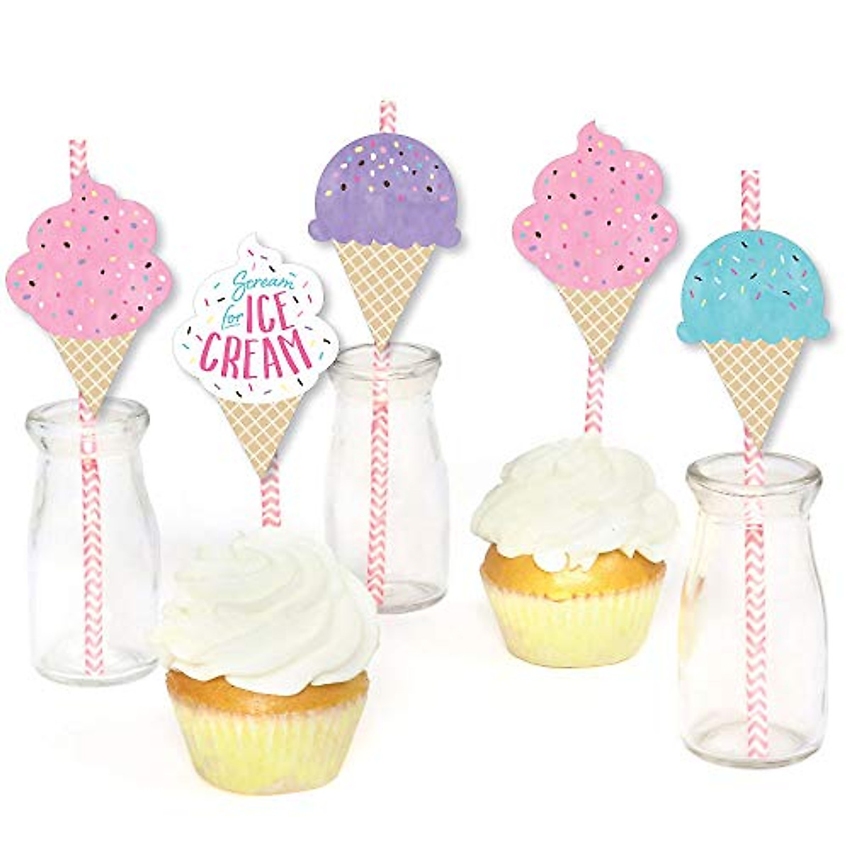 Big Dot of Happiness Scoop Up the Fun - Ice Cream - Paper Straw Decor - Sprinkles Party Striped Decorative Straws - Set of 24