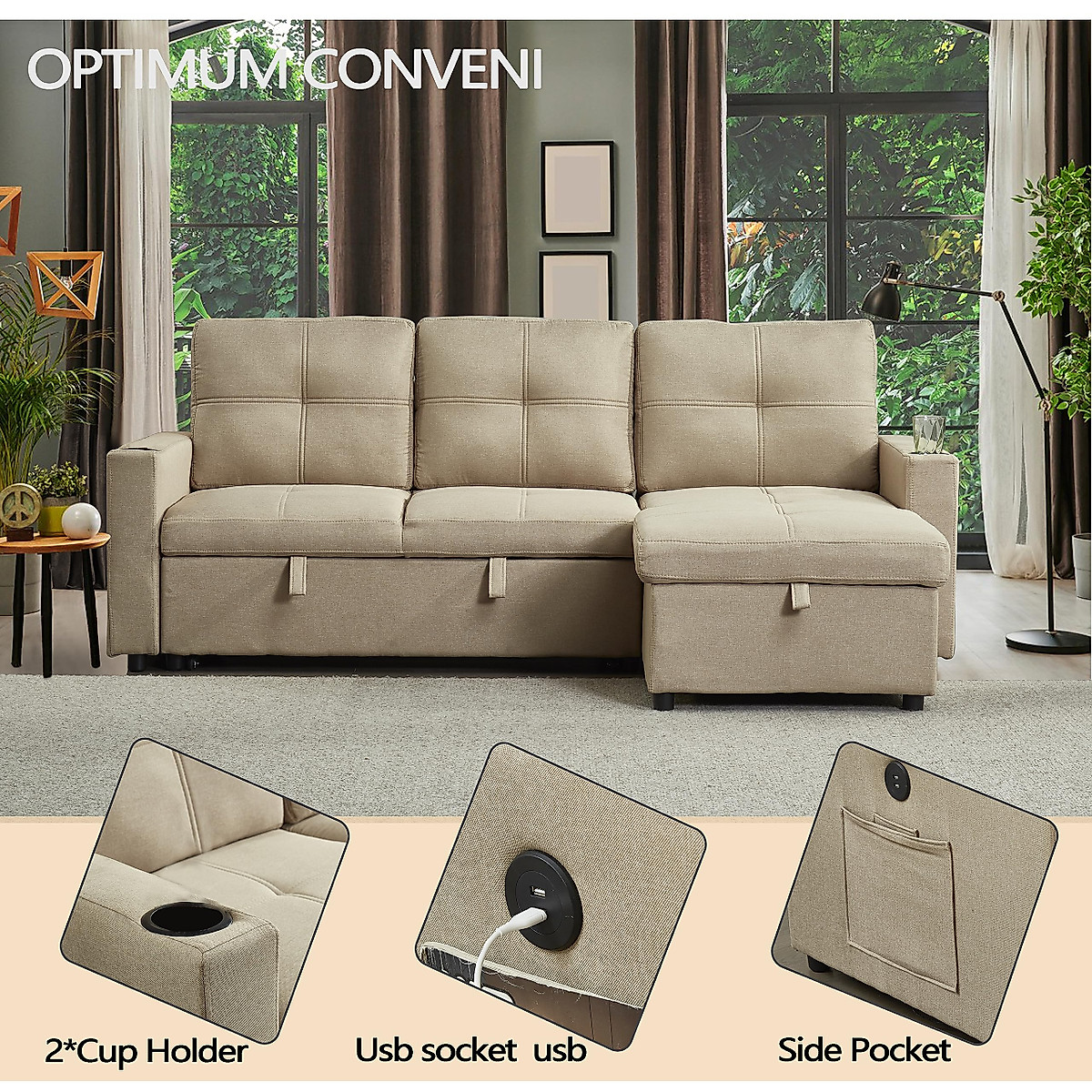 Bonrcea Pull Out Sleeper Sofa,L-Shaped Reversible Sleeper Sectional Sofa Bed with Storage Chaise for Living Room (Light.Brown)