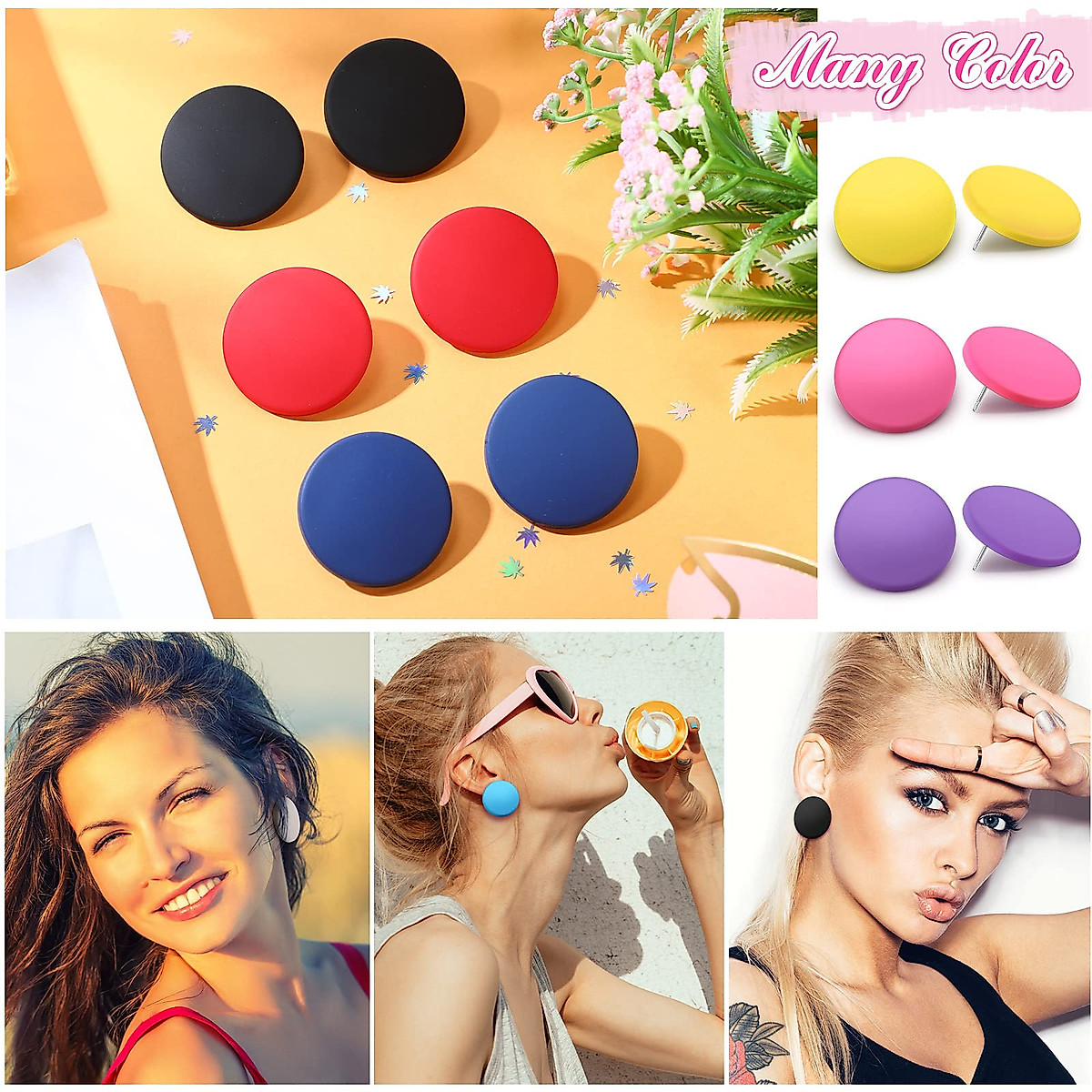 Epakh 20 Pairs Round Button Earrings Large Circle Acrylic Stud Earrings Disc Geometric Earrings Solid Color Retro Neon Button Earrings for Women