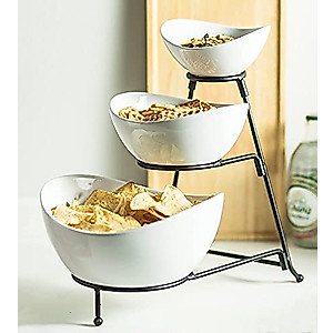 YHOSSEUN 3 Tier Serving Stand Tiered Oval Bowl Stand with 3 Oval Porcelain Serving Bowl Set with Collapsible Thicker Sturdier Metal Rack (Black)