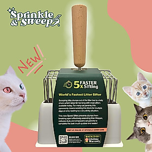 Sprinkle & Sweep Cat Litter Scoop - Heavy Duty Litter Scooper & Speed Sifter with Comfortable Beech Wood Grip - Metal Cat Litter Scoop, Washable Convenient Stand for Easy and Efficient Cleaning