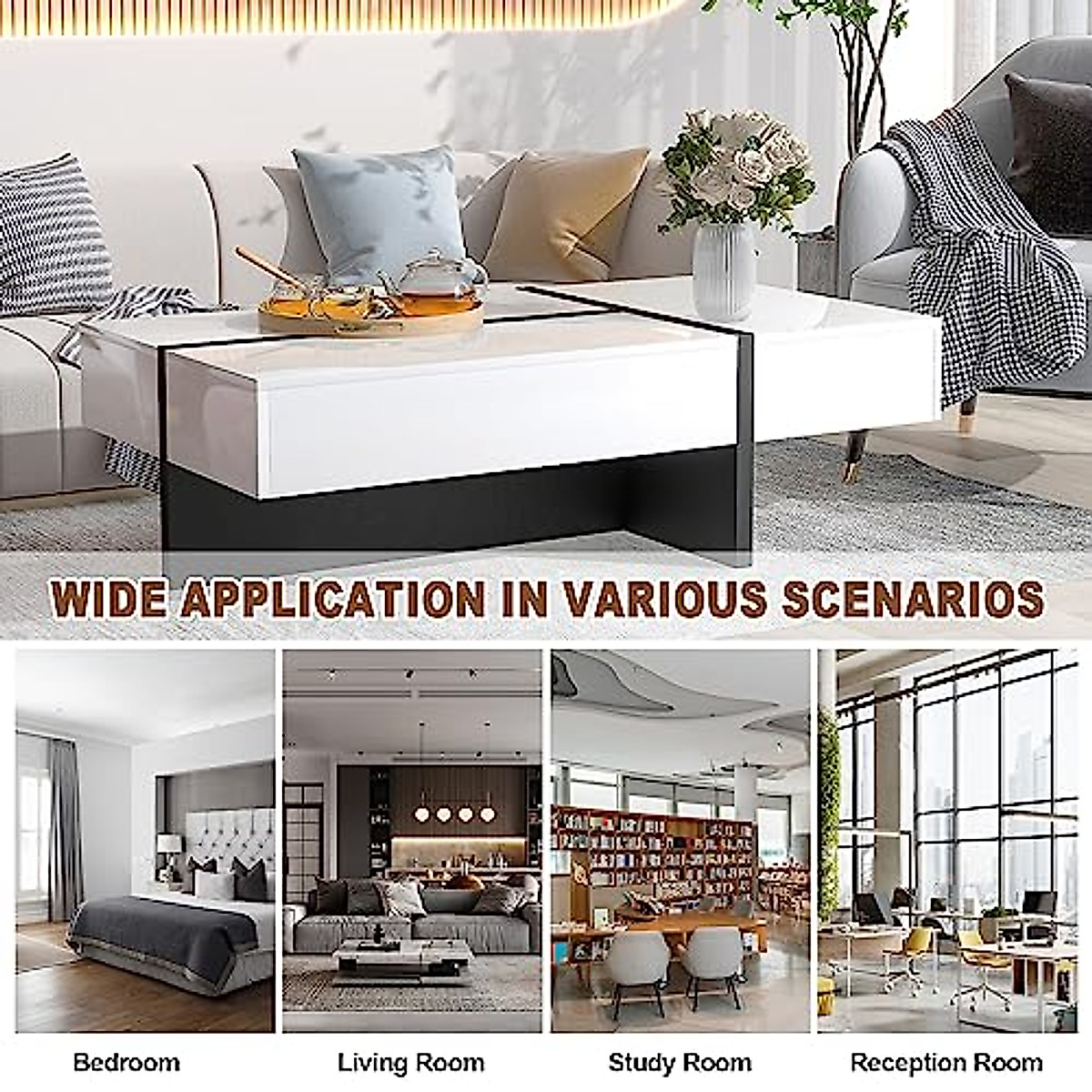 Merax Contemporary Rectangle Coffee Table, Modern High Gloss Surface, Living Room Furniture, White and Black