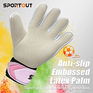 Sportout Kids Goalkeeper Gloves, Soccer Gloves with Double Wrist Protection and Non-Slip Wear Resistant Latex Material to Prevent Injuries (Pink, Size 7 Suitable for 12 to 14 Years Old)