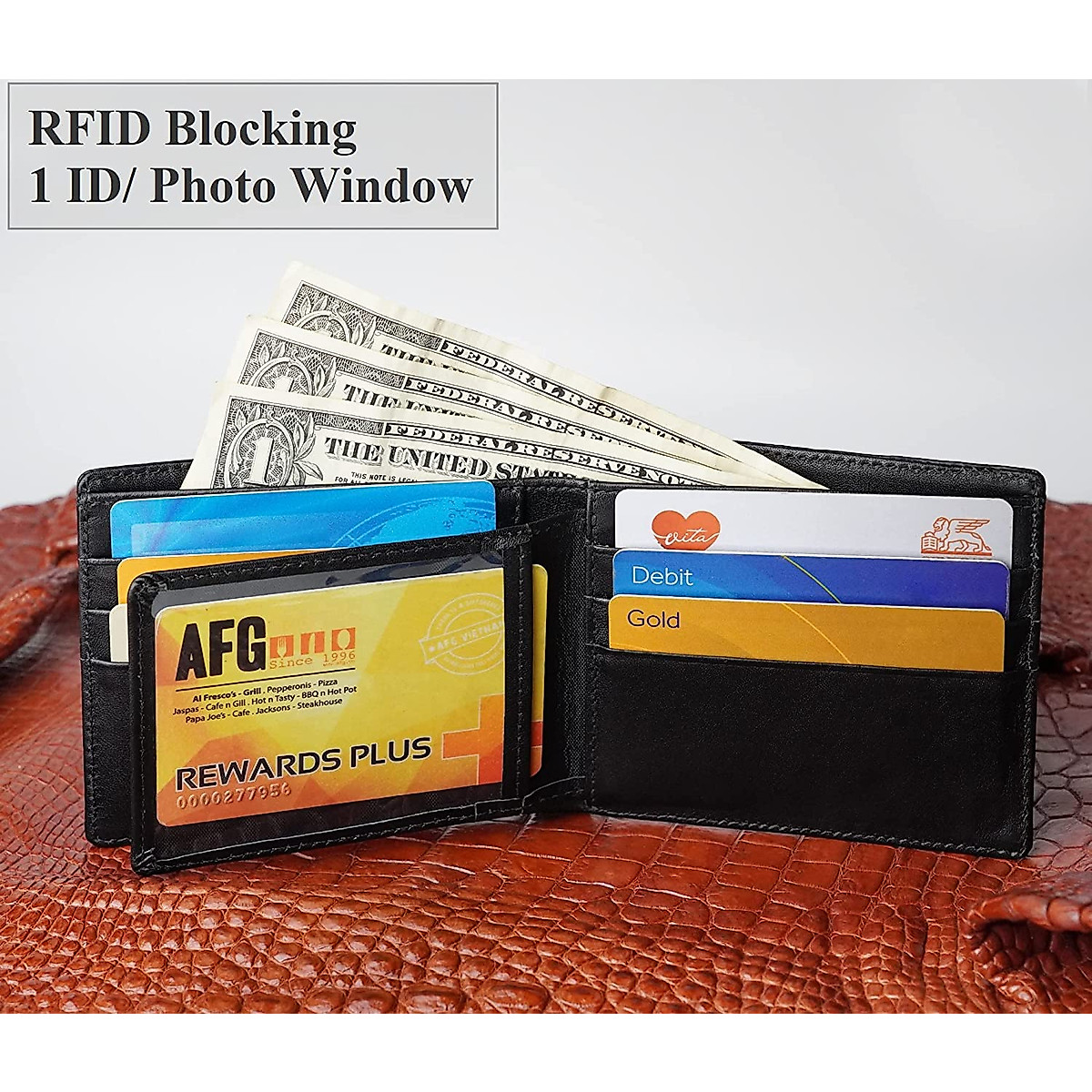 Vietnamcreations Men's Genuine Crocodiile Bifold Wallet RFID Blocking Black #8