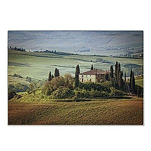 Lunarable Tuscan Cutting Board, Tuscany Seen from Stone Village of Montepulciano Italy in Cloudy Day, Decorative Tempered Glass Cutting and Serving Board, Small Size, Brown Green