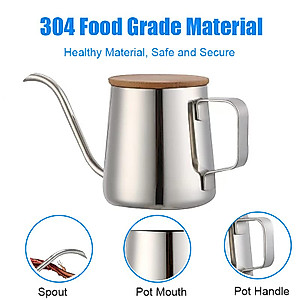 Pour Over Drip Kettle 350ml Stainless Steel Gooseneck Coffee Kettle Long Narrow Spout Hand Drip Coffee Tea Pot with Lid Small and Simplicity (silver)