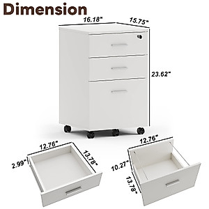 Maxtown 3 Drawer File Cabinet, Wood Filing Cabinet for Home Office, File Cabinet Office Drawer with Lock, Rolling Filing Cabinet for A4/Letter Size, White