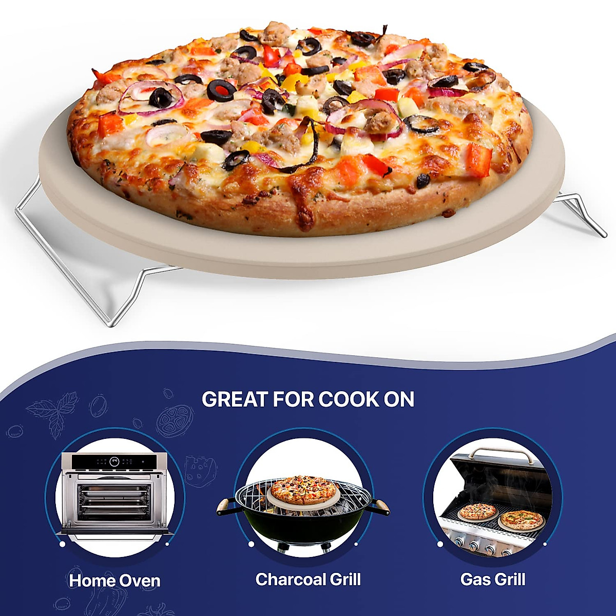 KitchenStar Pizza Stone for Oven and Grill 12 inch + Pizza Cutter Rocker 12" Black - Pizza Making Set Bundle - Premium Pizza Oven Accessories and Tools