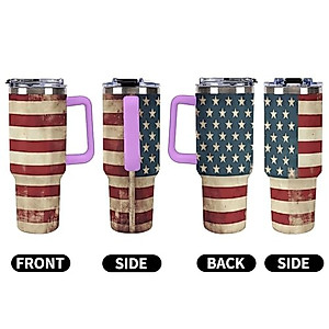 LLUTSNTH 40 Oz Vacuum Tumbler with Violet Handle Leakproof Insulated Tumbler Vintage American USA Flag Stainless Steel Travel Mug with Lid And Straw Coffee Cup Cute Water Bottles Cup Holder Friendly
