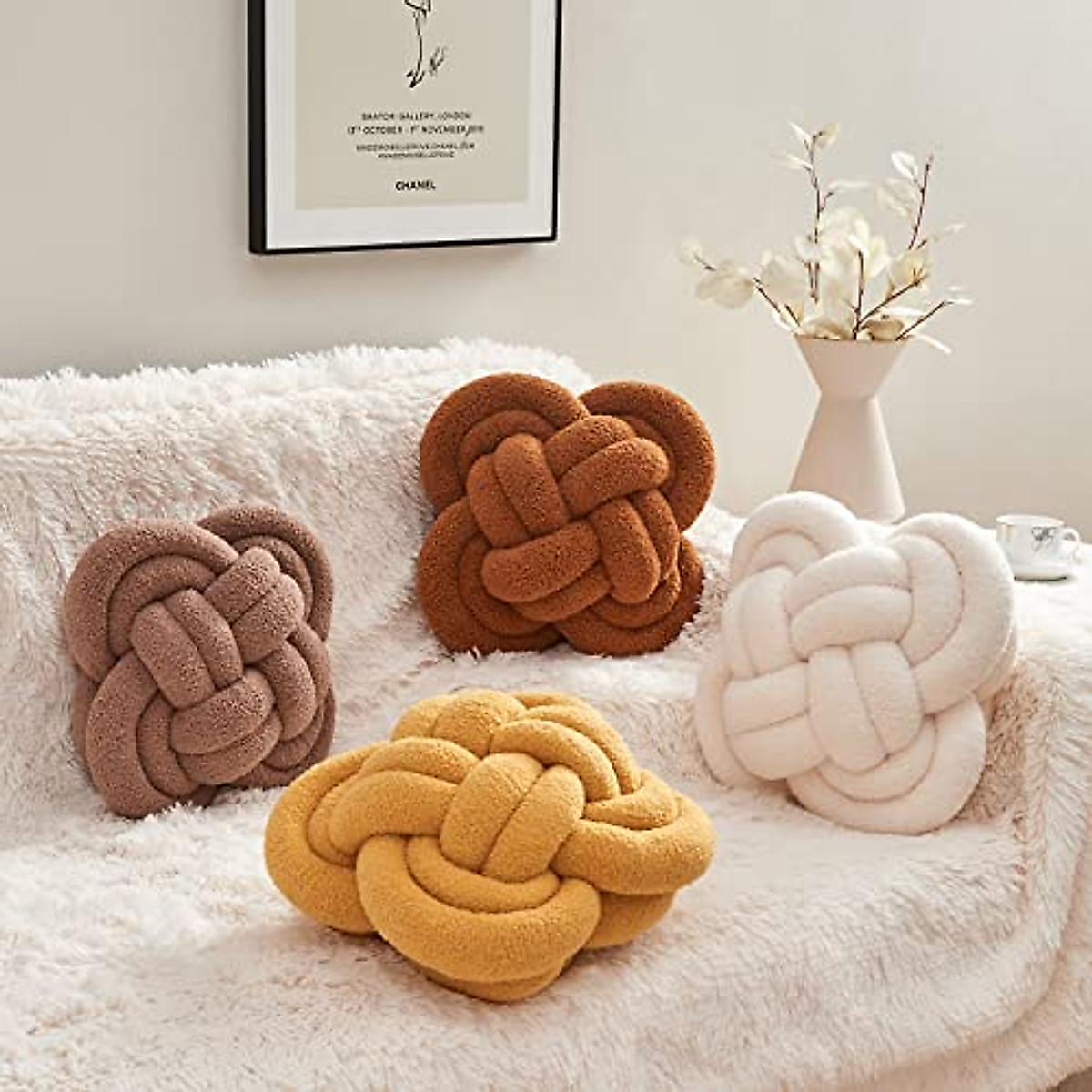 Xiashrk Knot Pillow Ball, Decorative Throw Pillows with Soft Lamb Fleece Fabric for Bed Living Room, Knotted Pillow Home Decor Handmade Square Plush Cushion for Couch