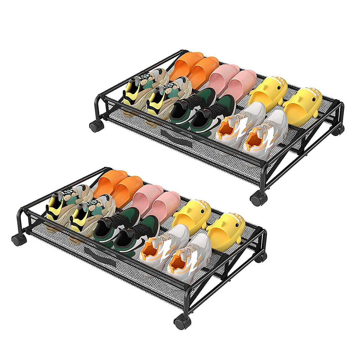 Under Bed Shoe Storage Organizers with Wheels and Handles 2 PACK,Rolling Under Bed Storage Containers for Shoes Mesh Fabric and Carbon Steel Pipe Shoe Organizer Under Bed Shoe Rack Fits 12 Pairs Shoes