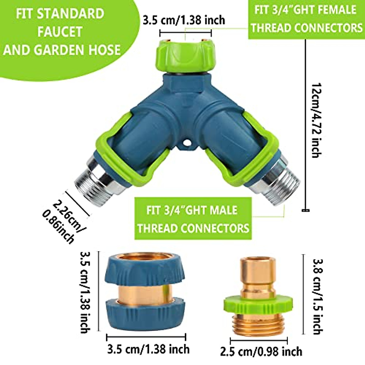 Hose Splitter 2 Way Heavy Duty, Garden Hose Splitter, Brass Y Hose Splitter with Thumb Control Valves, 3/4" Two Way Water Hose Splitter Faucet Splitter Shut Off Valve Hose Connector Adapter