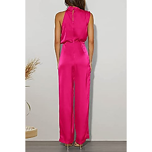 PRETTYGARDEN Women's Satin Jumpsuits 2024 Summer One Piece Outfits Mock Neck Sleeveless Wide Leg Pants Rompers (Rose Red,Medium)