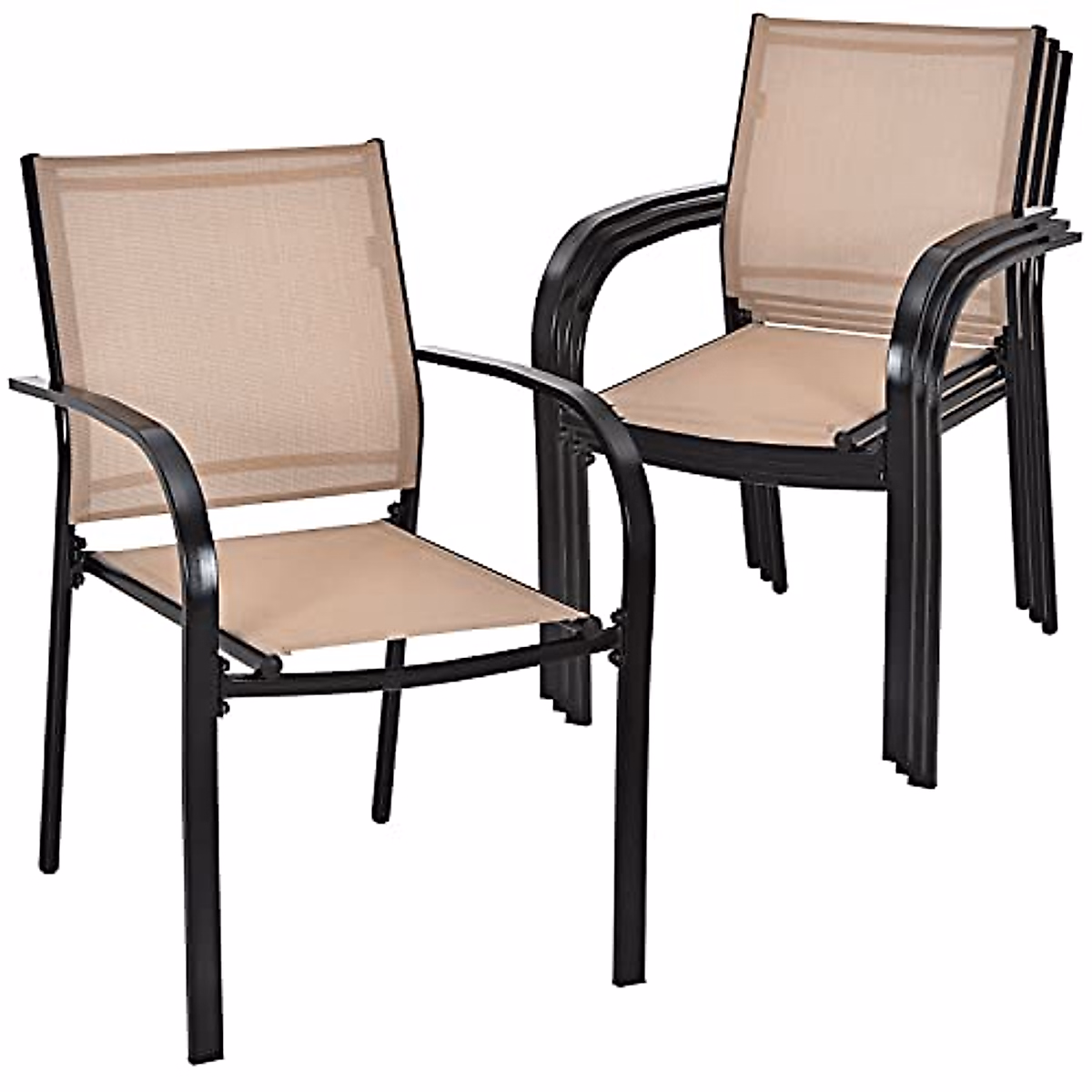 Giantex Set of 4 Outdoor Patio Chairs, Stackable Lawn Chairs with Armrests and Breathable Fabric, 4 Pack Bistro Chairs for Porch Garden Backyard Poolside, Brown & Black